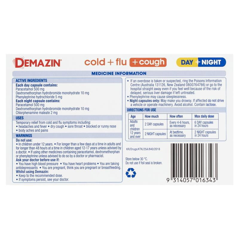 Buy Demazin Cold Flu Cough Relief Day & Night 48 Capsules | Cold & Flu ...