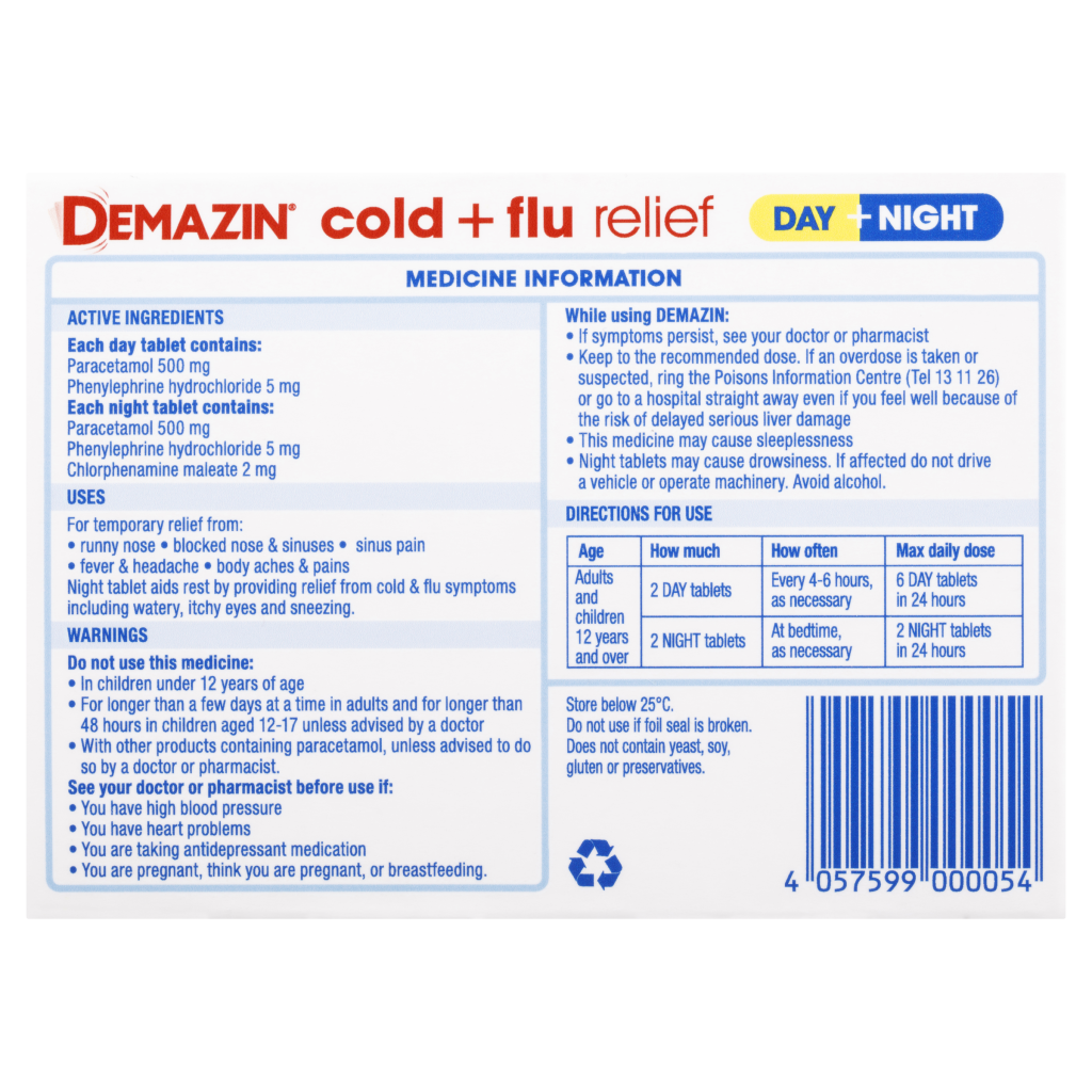 Demazin Cold Flu Cough Relief Day & Night 48 Capsules