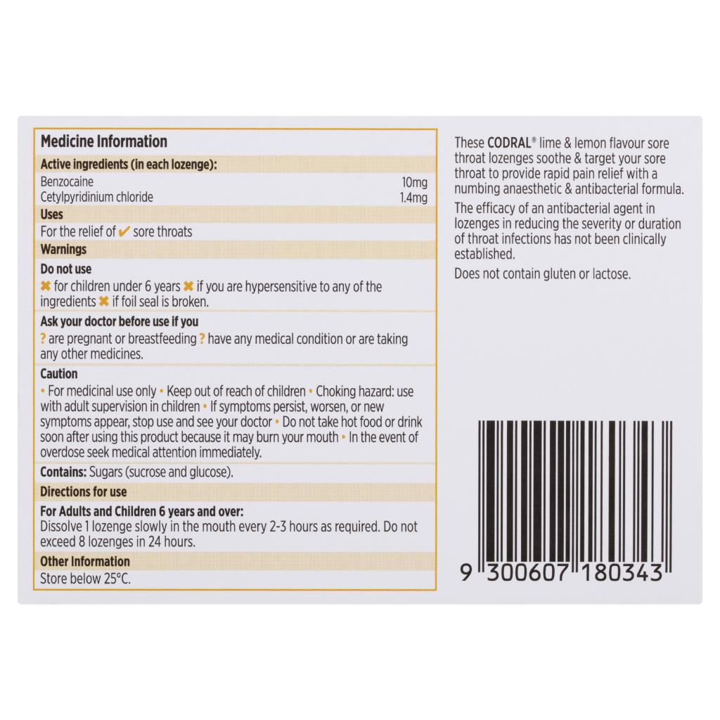 Codral Sore Throat Lozenges Antibacterial + Anaesthetic Lime