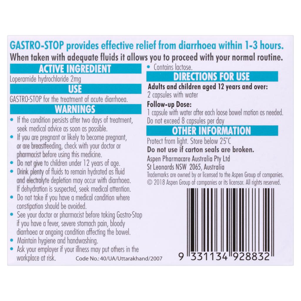 Buy Gastro Stop Capsules 2mg 20 Capsules | Digestive Health, Travel ...
